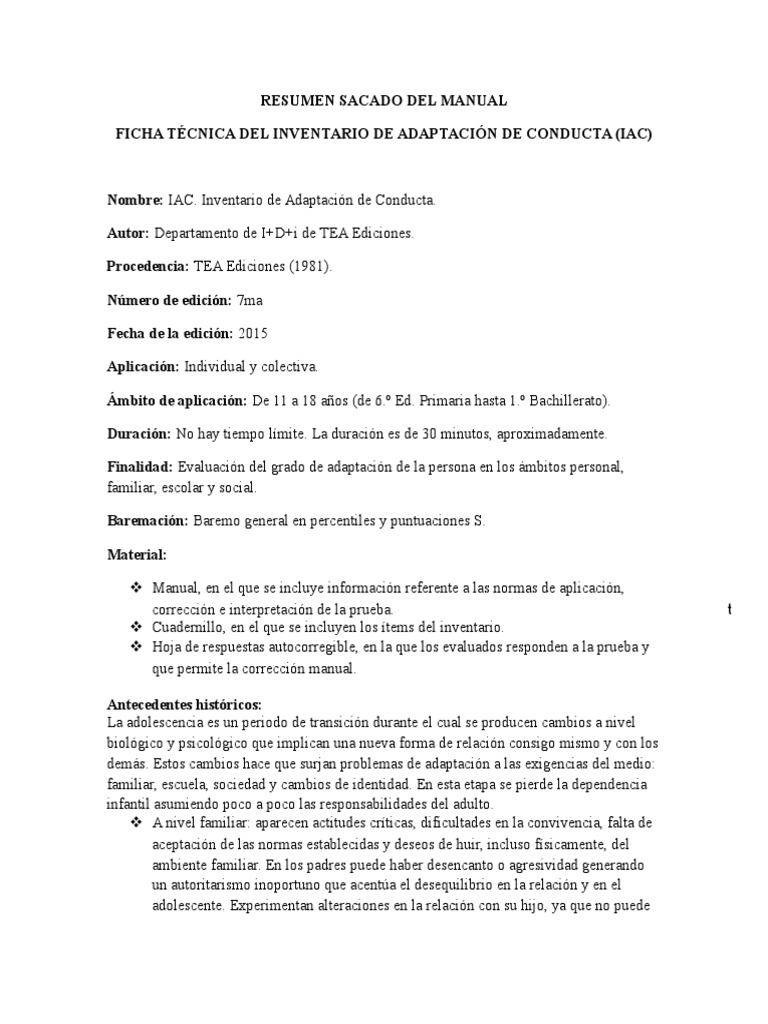 Inventario de adaptación de conducta (IAC).docx | PDF | Sociedad | Adolescencia