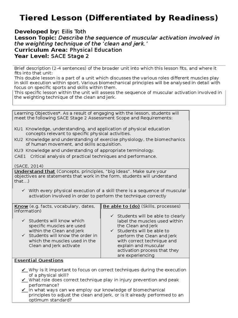 Tiered Lesson Plan for Clean and Jerk | PDF | Physical Education ...