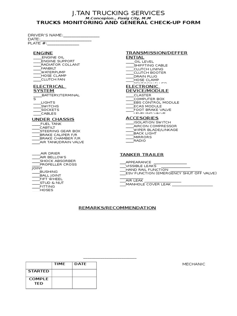 Truck Monitoring and Check-Up Form | PDF | Technology & Engineering