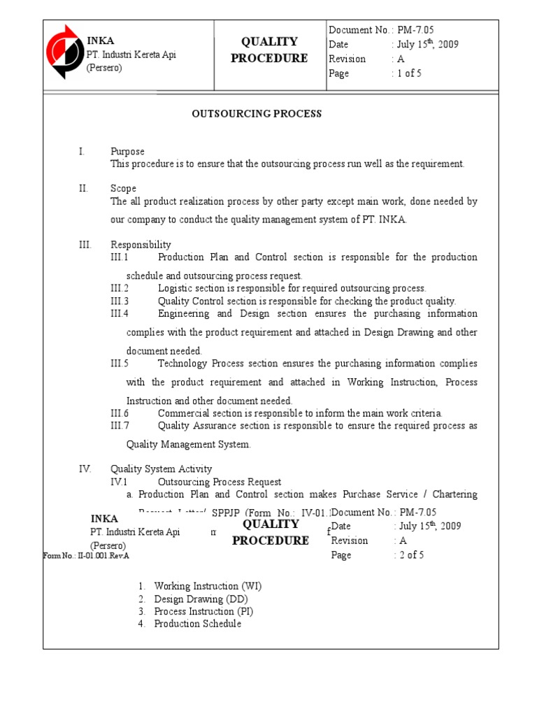 PM - 7.05 Outsourcing Process | PDF | Quality Management System | Logistics
