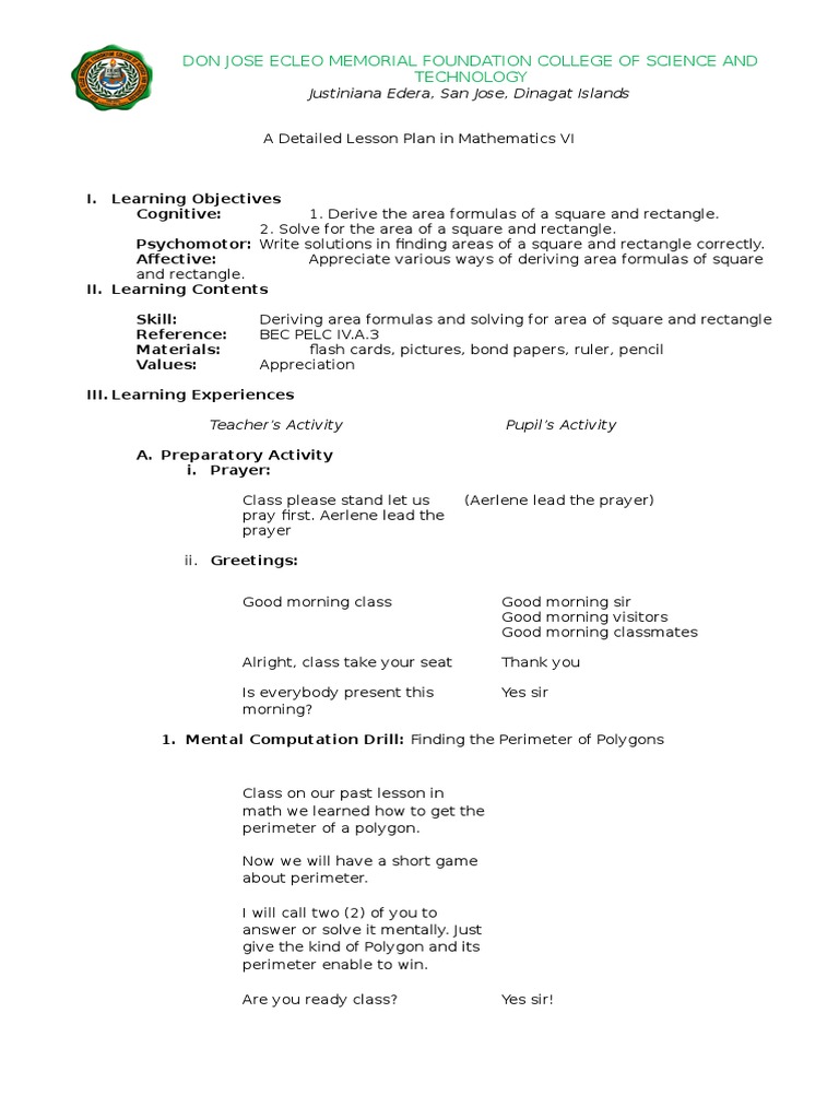 Mathematics Lesson Plan For Grade 6 Lesson Plan Physics Mathematics