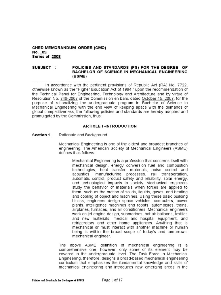 Cmo 9, S. 2008 - Approved - Ps For Bsme | PDF | Mechanical Engineering | Engines