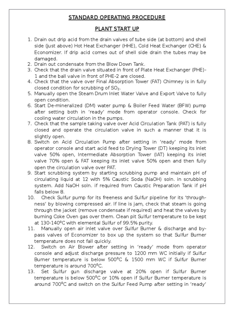 Sulfuric Acid Plant SOP Guide | PDF | Valve | Boiler