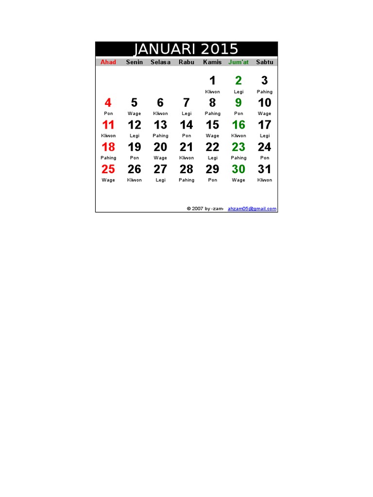 JANUARI 2015: Senin Selasa Rabu Kamis Sabtu | PDF