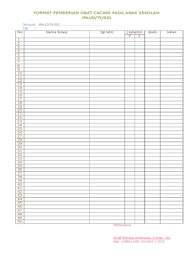 Format Pemberian Obat Cacing Pada Anak Sekolah | PDF