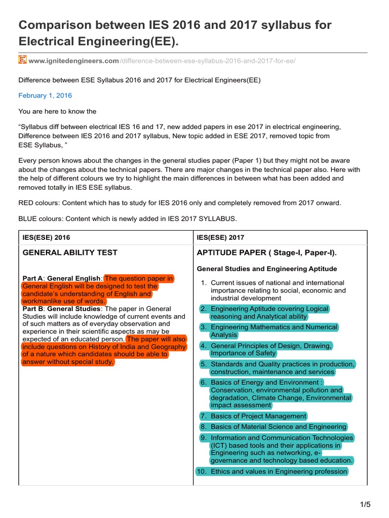 Comparison Between IES 2016 and 2017 Syllabus For Electrical ...