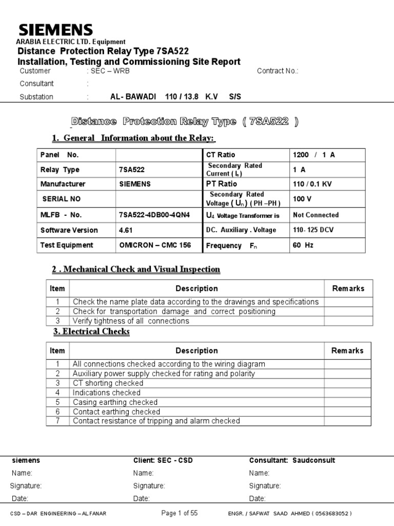 Test Distance Relay 7SA522 | PDF | Relay | Electrical Substation