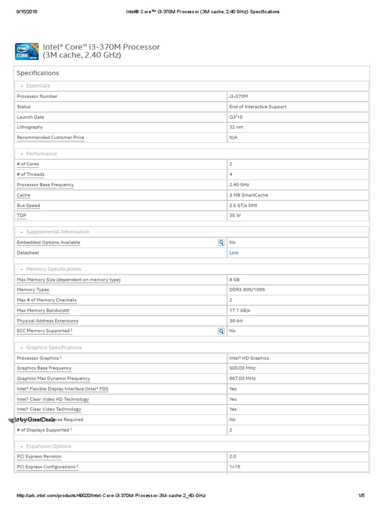 Intel® Core™ I3-370m Processor (3M Cache, 2,40 GHZ) | PDF | Operating ...