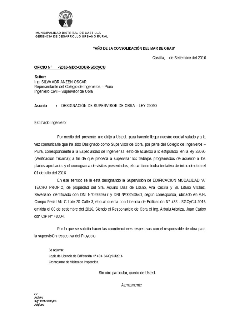 Oficio ... - Designación de Supervisor de Obra | PDF