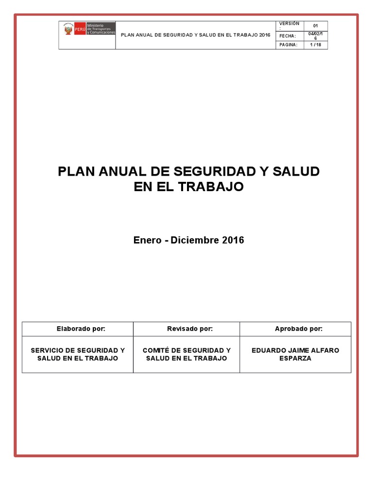 Plan Anual de Seguridad y Salud en El Trabajo - MTC | PDF