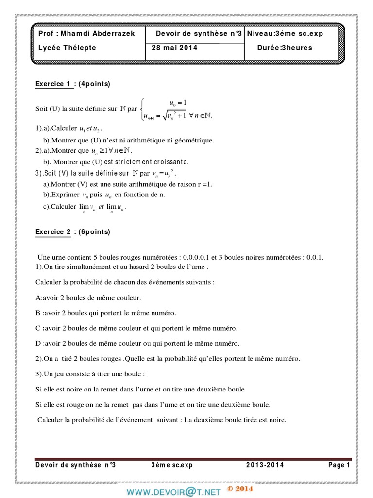 Devoir Corrigé de Synthèse N°3 - Math suites-probabilités-statistiques ...