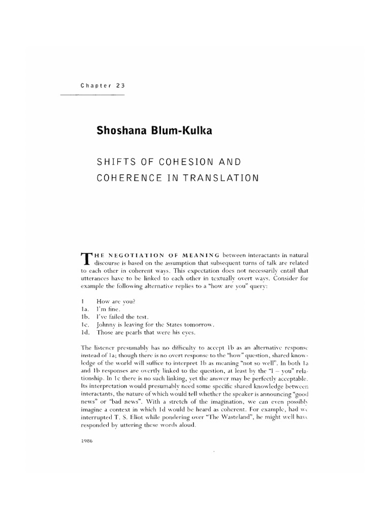 Shifts of Cohesion and Coherence in Translation - Shoshana Blum-Kulka | PDF