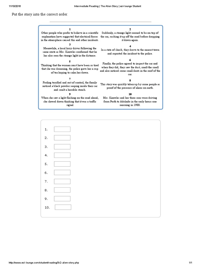 Intermediate Reading - The Alien Story - Esl-Lounge Student | PDF