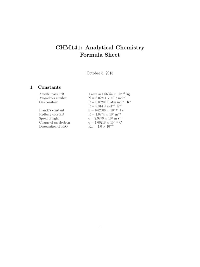 CHM141: Analytical Chemistry Formula Sheet: 1 Constants | PDF