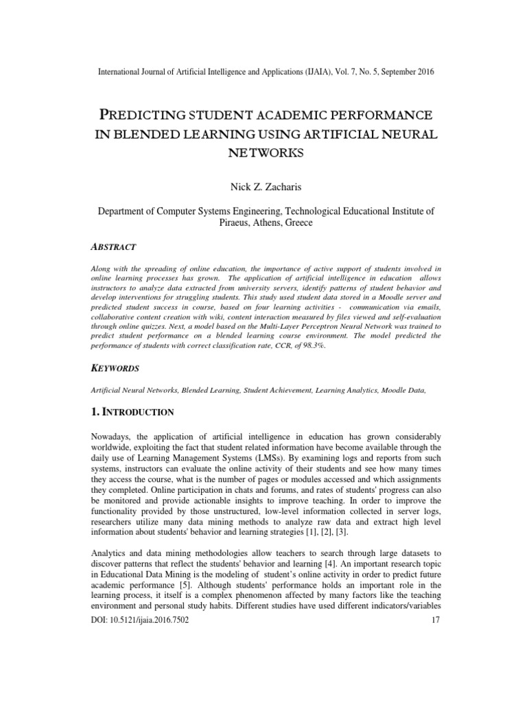 Predicting Student Academic Performance in Blended Learning Using Artificial Neural Networks ...