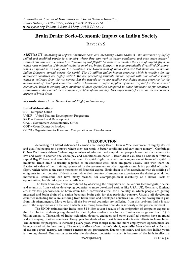 Brain Drain: Socio-Economic Impact On Indian Society: Raveesh S | PDF