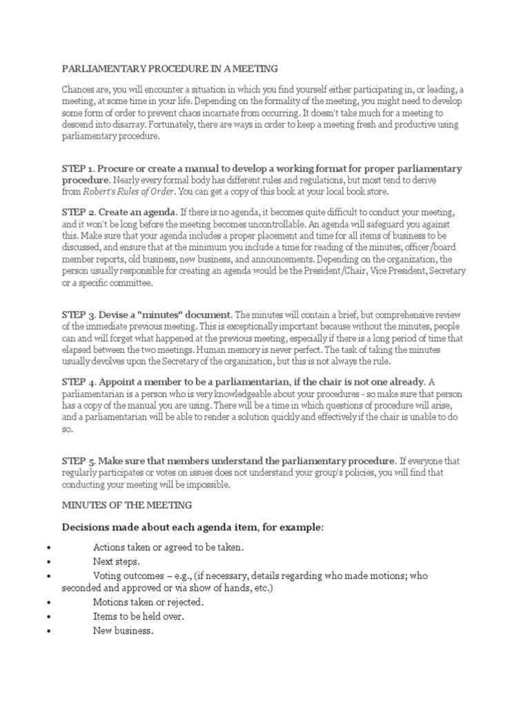 Parliamentary Procedure in a Meeting | Agenda (Meeting) | Parliamentary ...