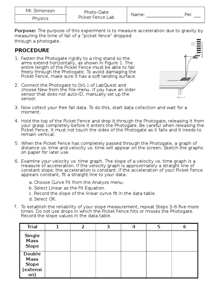 Measuring Acceleration Due to Gravity Using a Picket Fence Photogate ...