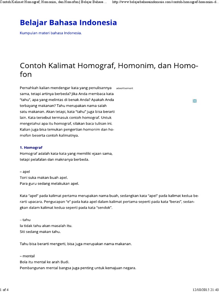 Contoh Kalimat Homograf, Homonim, Dan Homofon - Belajar Bahasa ...