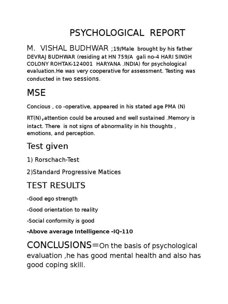 Psychological Report: M. Vishal Budhwar | PDF