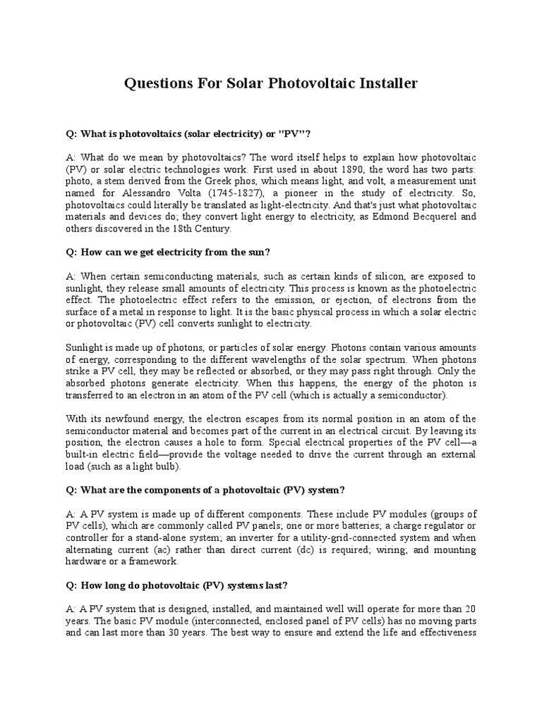 Questions For Solar Photovoltaic Installer | PDF | Photovoltaics ...