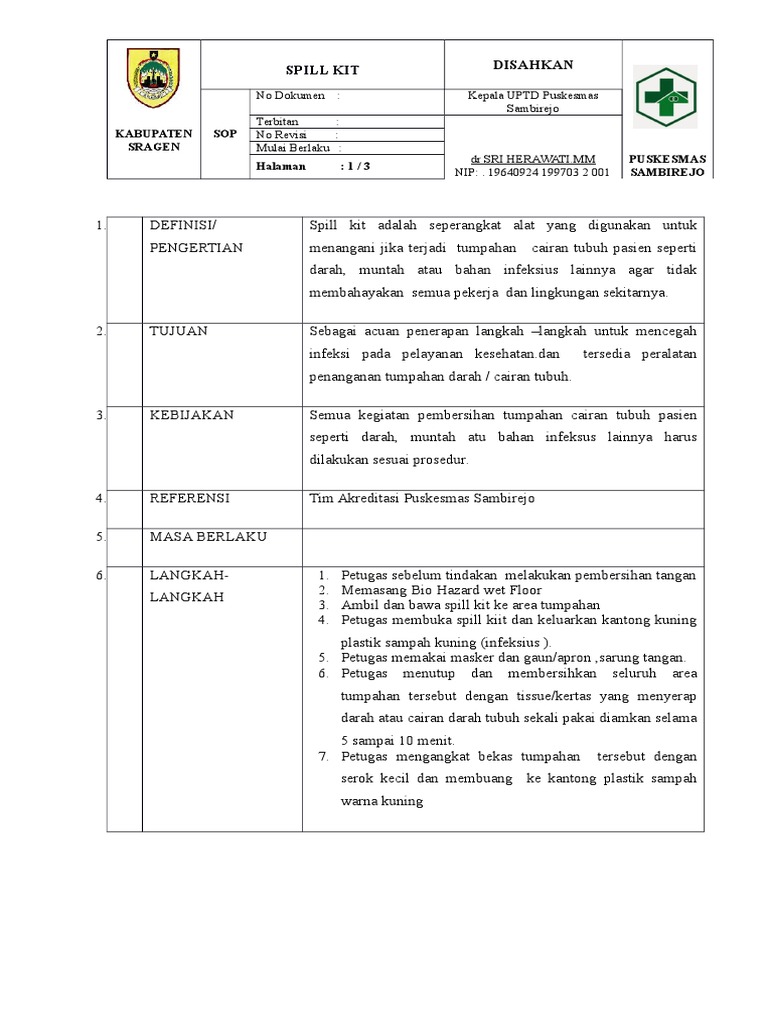 SOP Penggunaan Spill Kit Medis | PDF