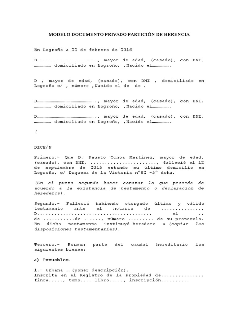 Modelo Documento Privado Partición de Herencia | PDF