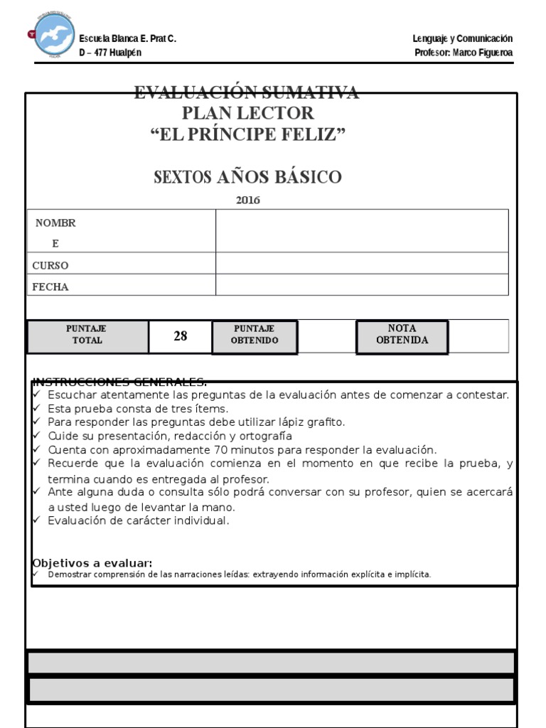 PRUEBA Plan Lector El Príncipe Feliz | PDF