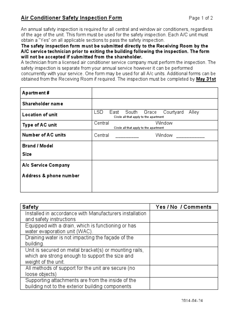 Air Conditioner Safety Inspection Form | PDF | Air Conditioning | Ac ...