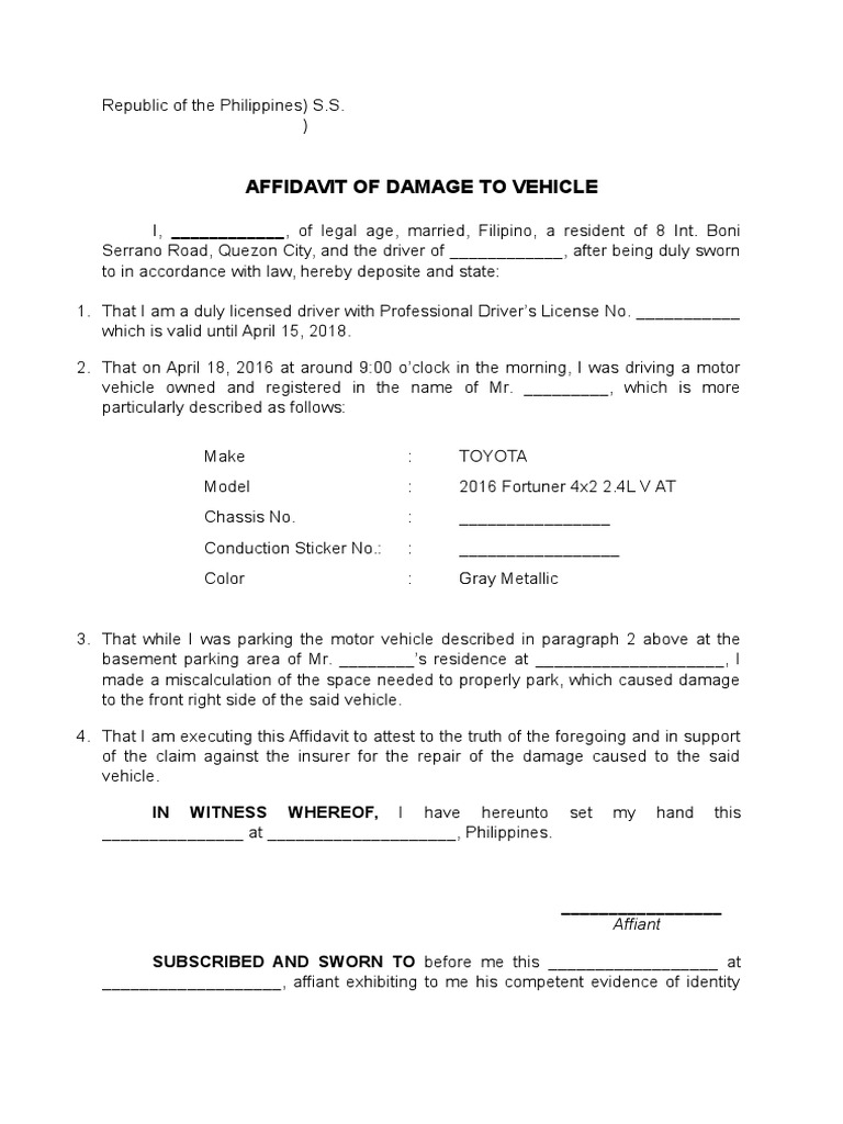Sample Affidavit of Damage To Vehicle | PDF