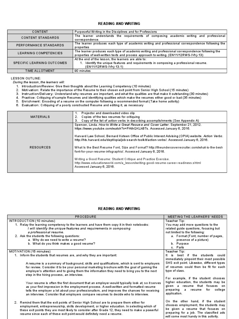16 Reading and Writing Sample TG | PDF | Résumé | Typefaces