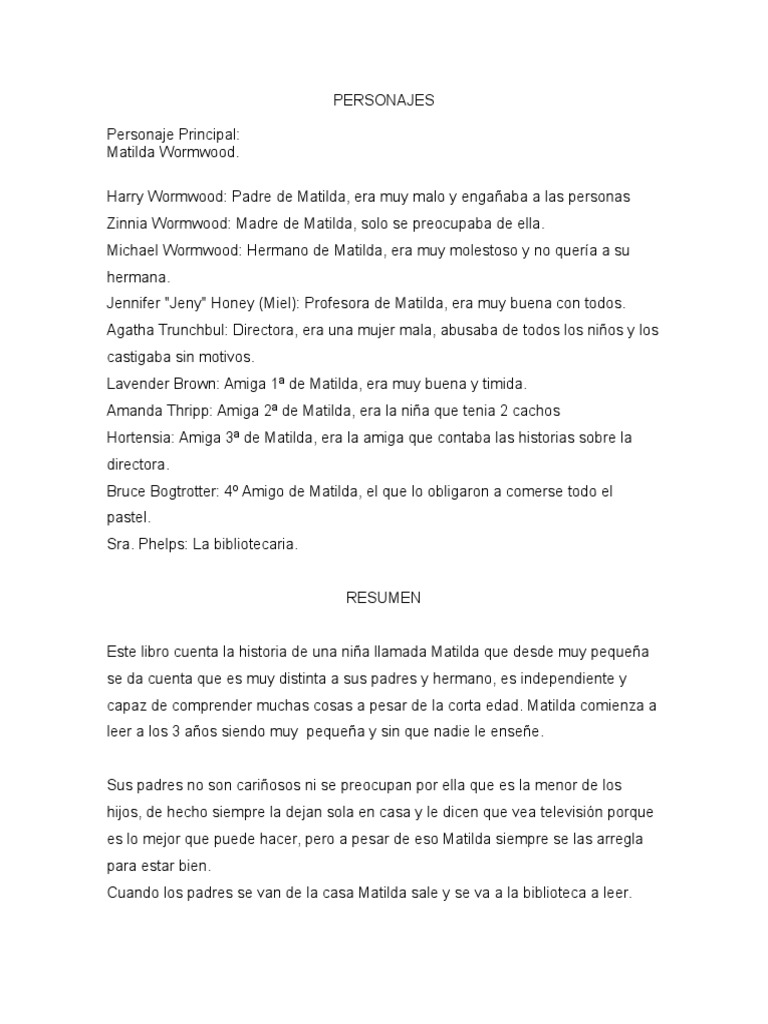 Personajes y Resumen de Matilda | PDF | Ocio