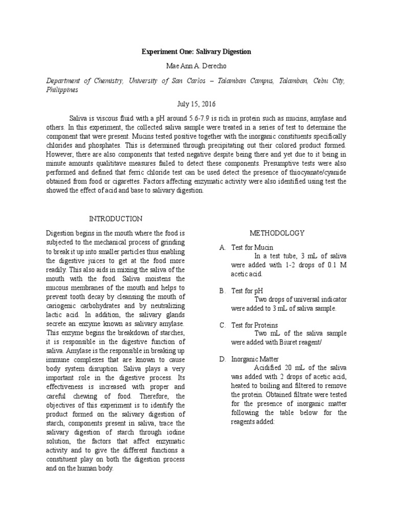 Chem162L Lab Report - Salivary Digestion | PDF | Digestion | Saliva