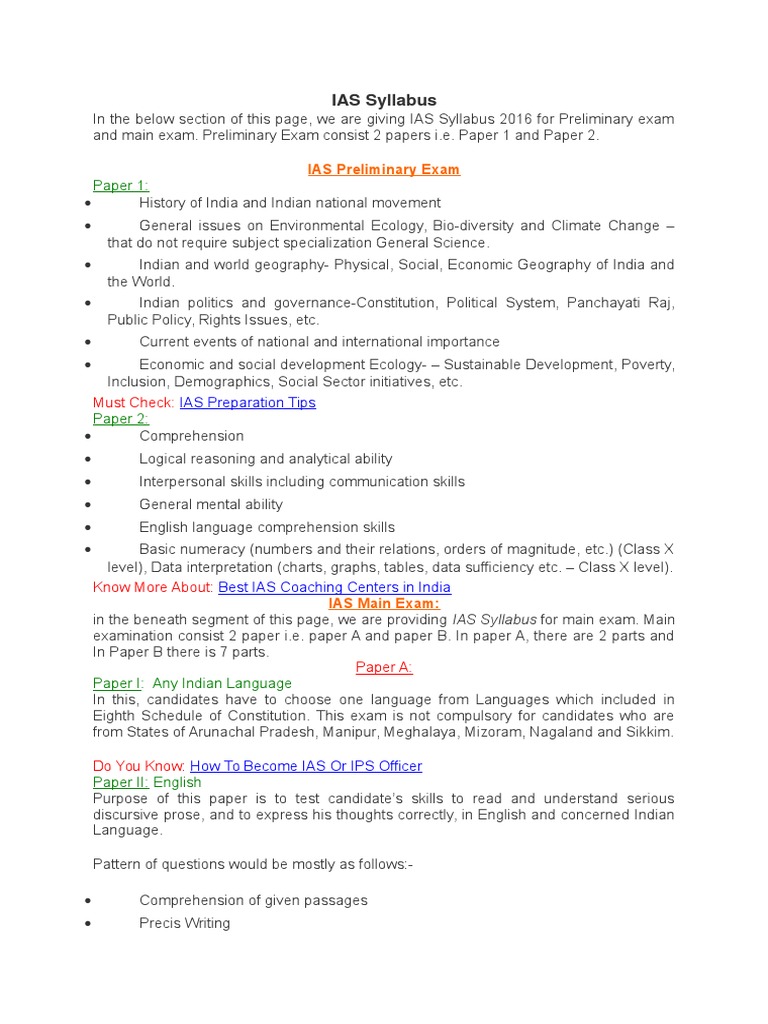 IAS Syllabus 2016: Pre & Main Exam Details | PDF | Value (Ethics ...