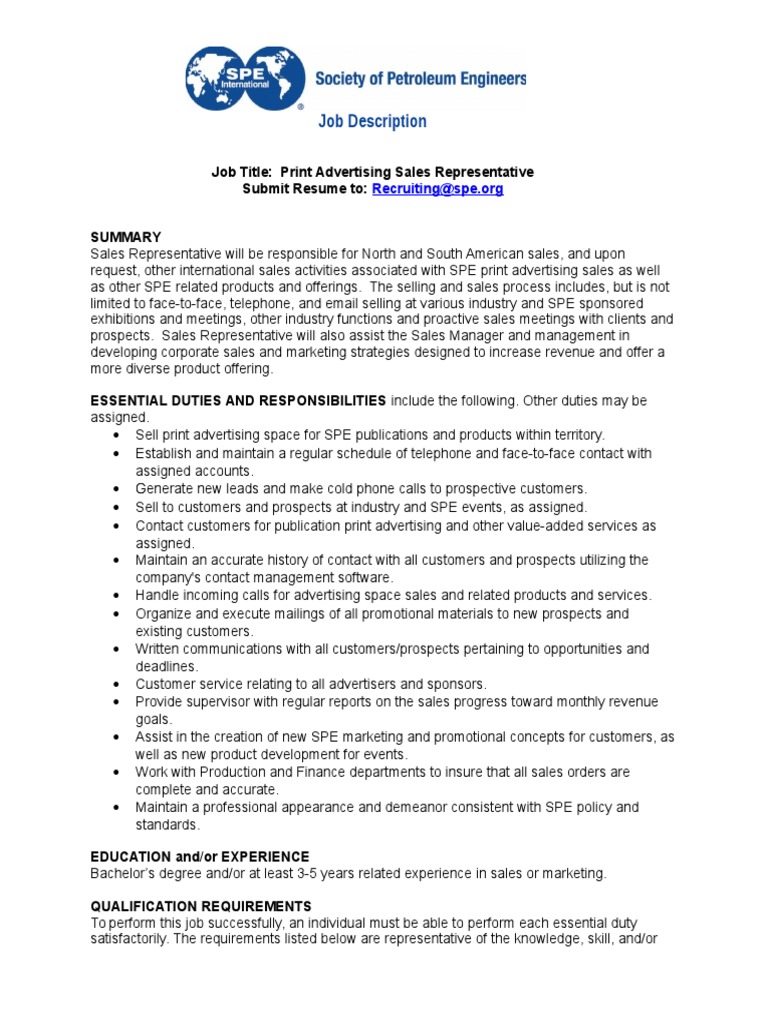 Job Description: Job Title: Print Advertising Sales Representative ...