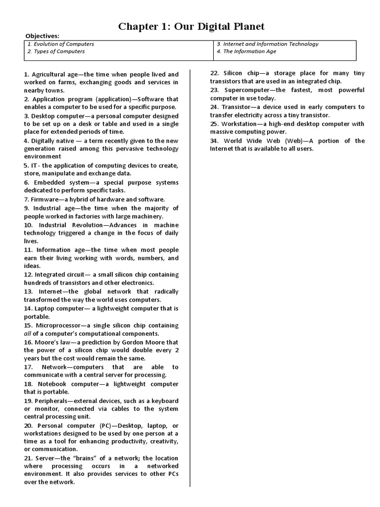 Chapter 1: Our Digital Planet: Objectives | PDF | Personal Computers | Integrated Circuit