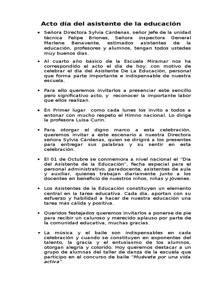 Libreto Acto Dia Del Asistente de La Educacion | PDF