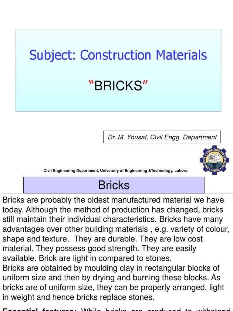 Subject: Construction Materials: Bricks | PDF | Brick | Mortar (Masonry)