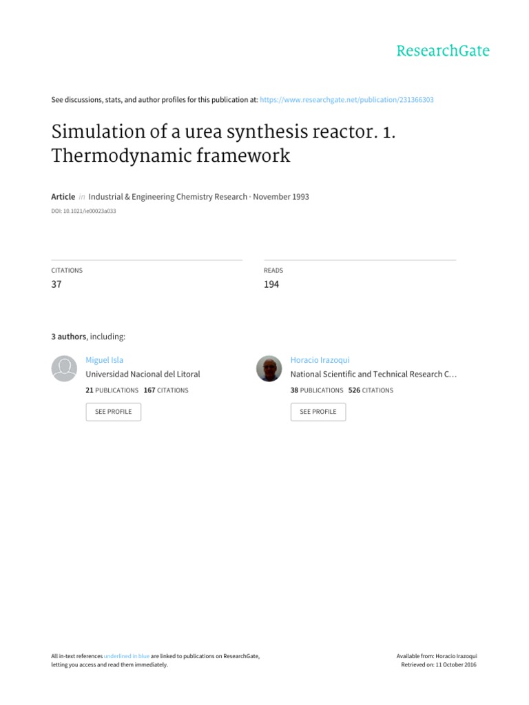 Simulation of A Urea Synthesis Reactor. 1. Thermodynamic | PDF ...