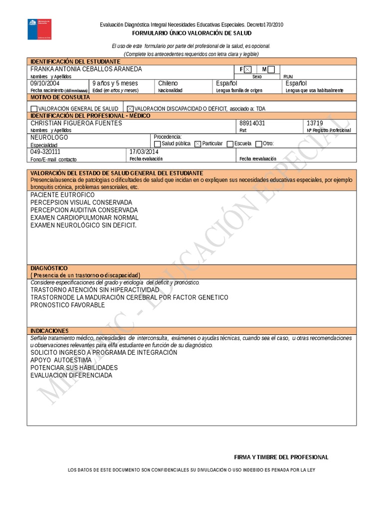 Formulario Unico Valoracion de Salud 2010