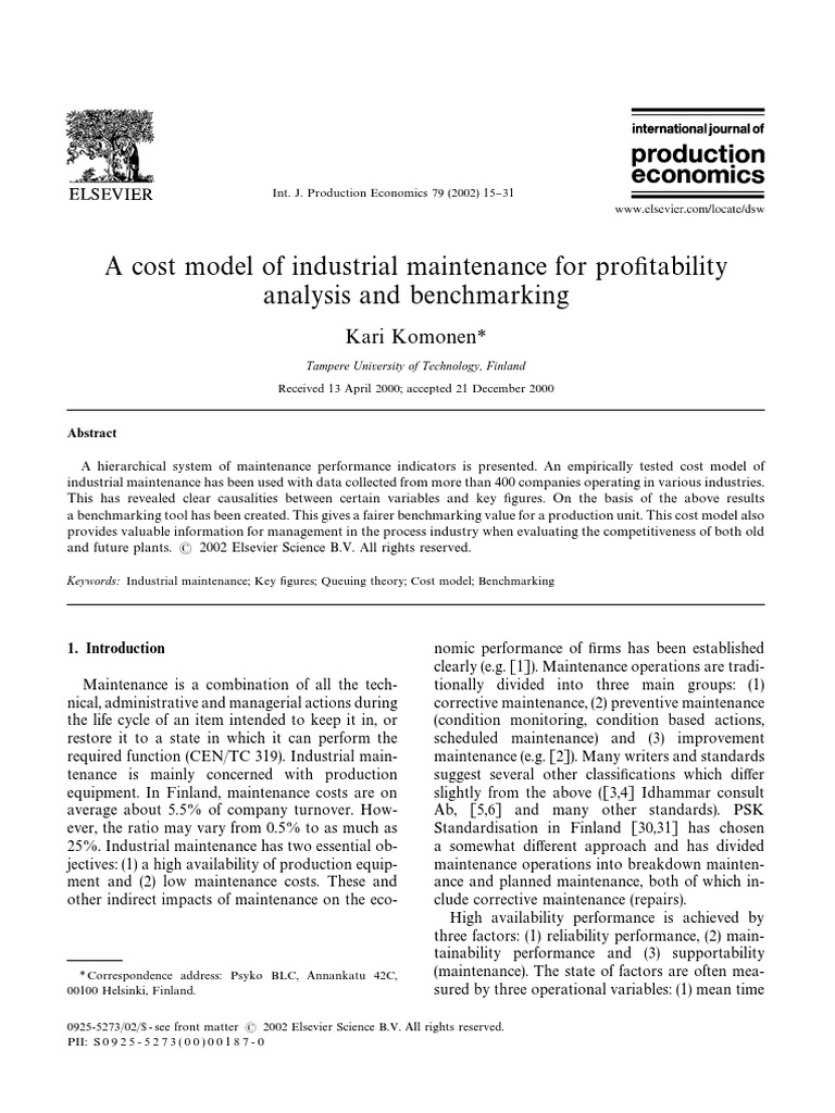 A Cost Model of Industrial Maintenance For Profitability Analysis and ...
