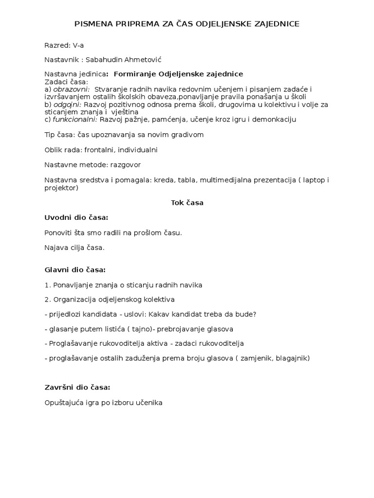 Pismena Priprema Za Čas Odjeljenske Zajednice | PDF