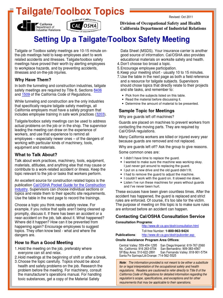 Tailgate Safety Meeting Guidelines | PDF | Occupational Safety And ...