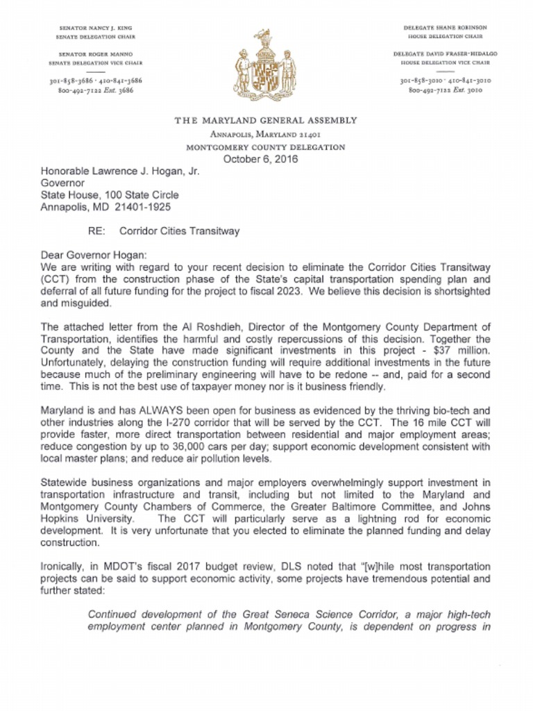 Montgomery County Delegation Letter To Gov. Larry Hogan | PDF