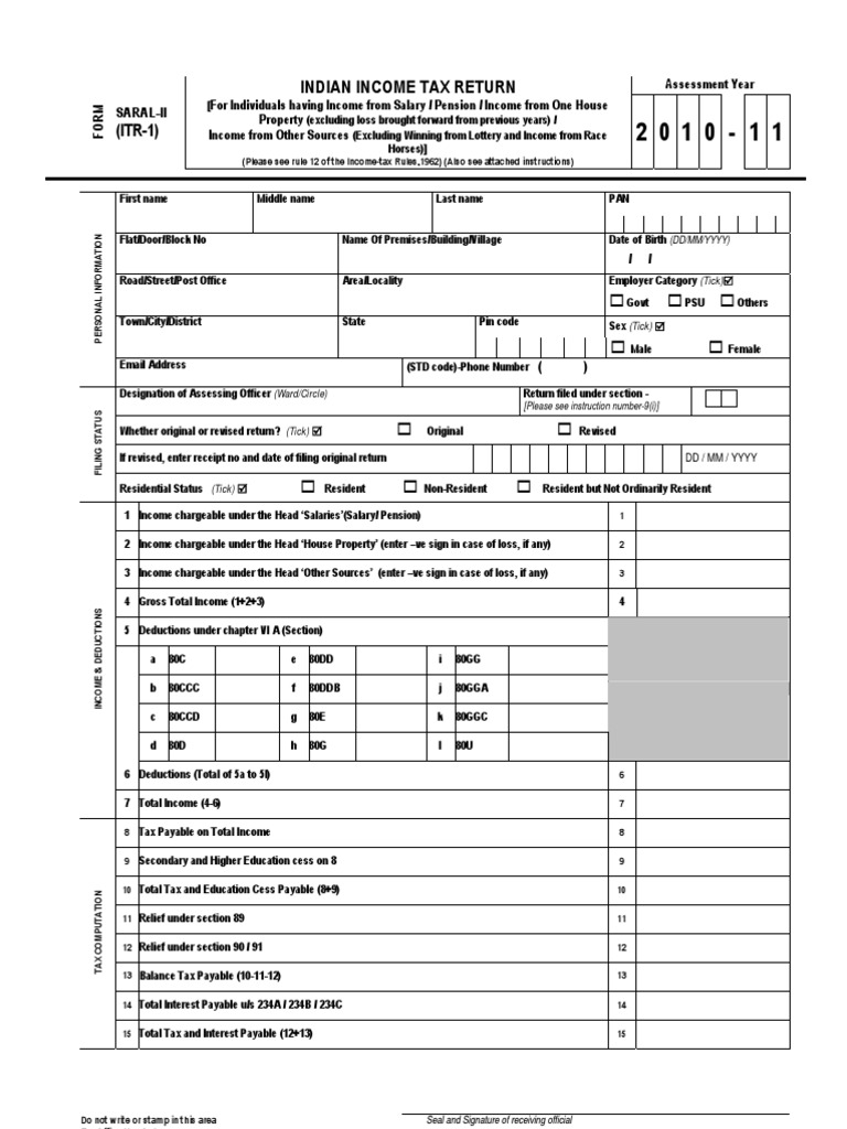 ITR-1 Which is known as Saral II Pertaining to F.Y. 2009 - 2010 or ...