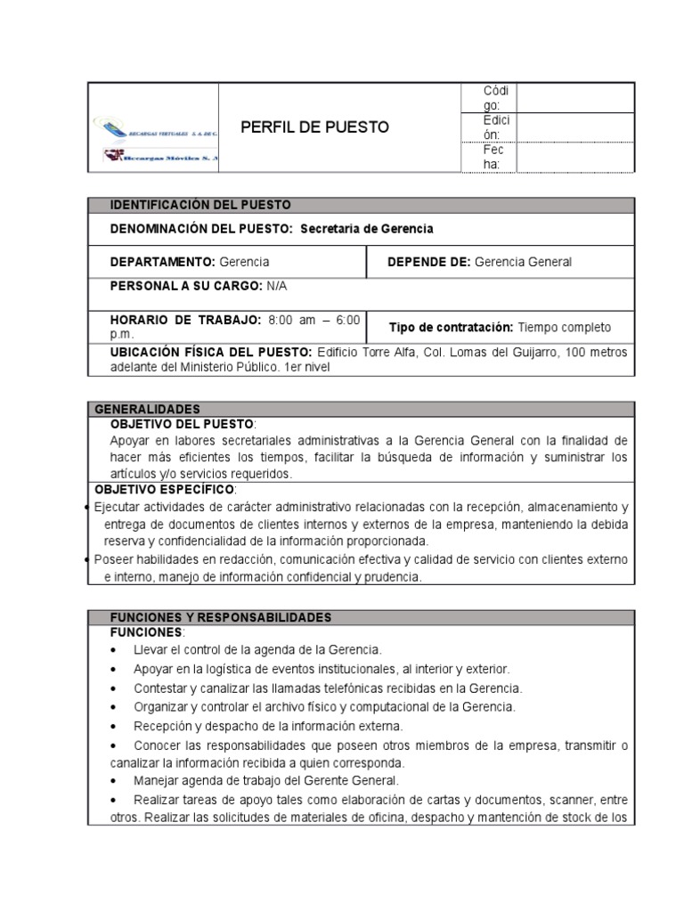 Perfil de puesto Secretaria de Gerencia Perfil de puesto Secretaria de Gerencia
