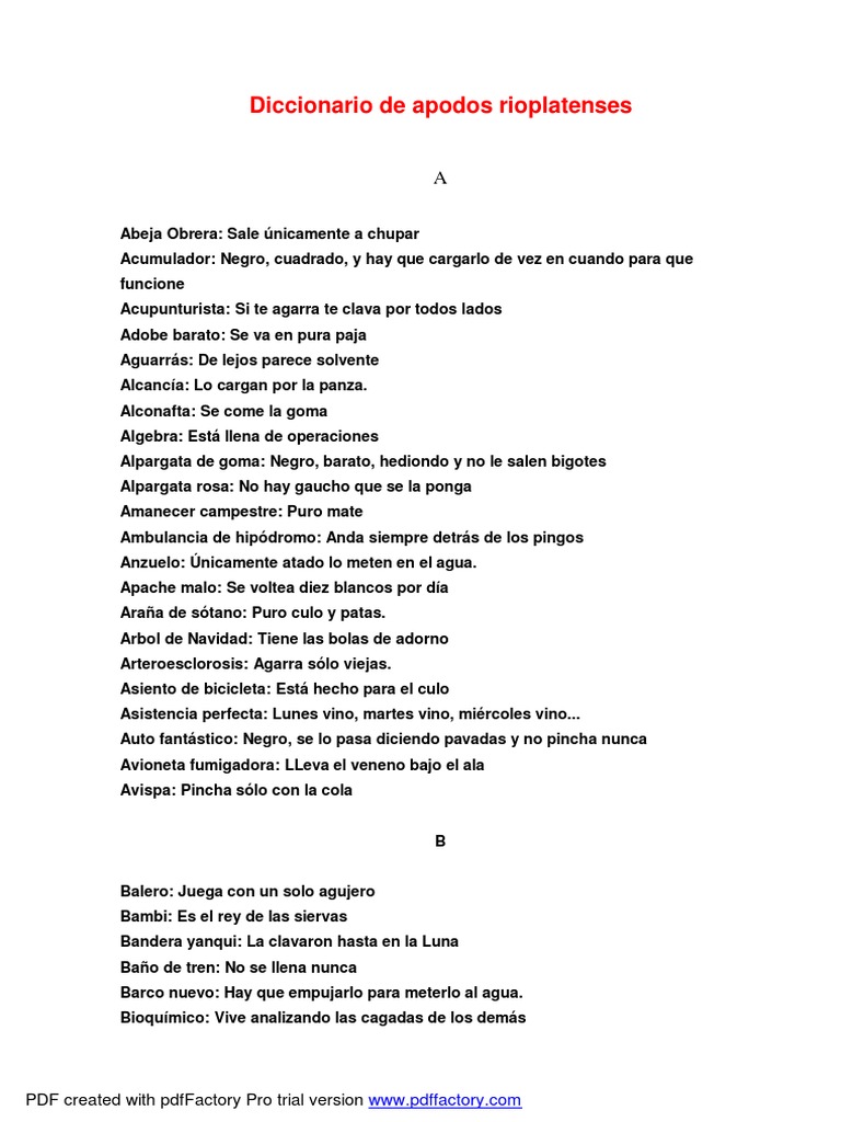 Diccionario de Apodos Populares Rioplatenses | PDF | Naturaleza | Alimentos