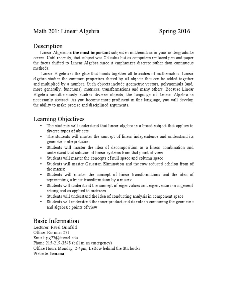 2016 Fall Math 201 Syllabus | PDF | Matrix (Mathematics) | Linear Algebra