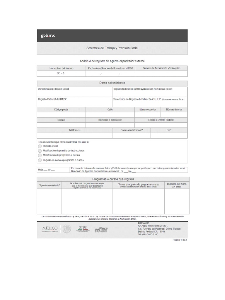 Formato DC 5 Solicitud de Registro de Agente Capacitador Externo | PDF