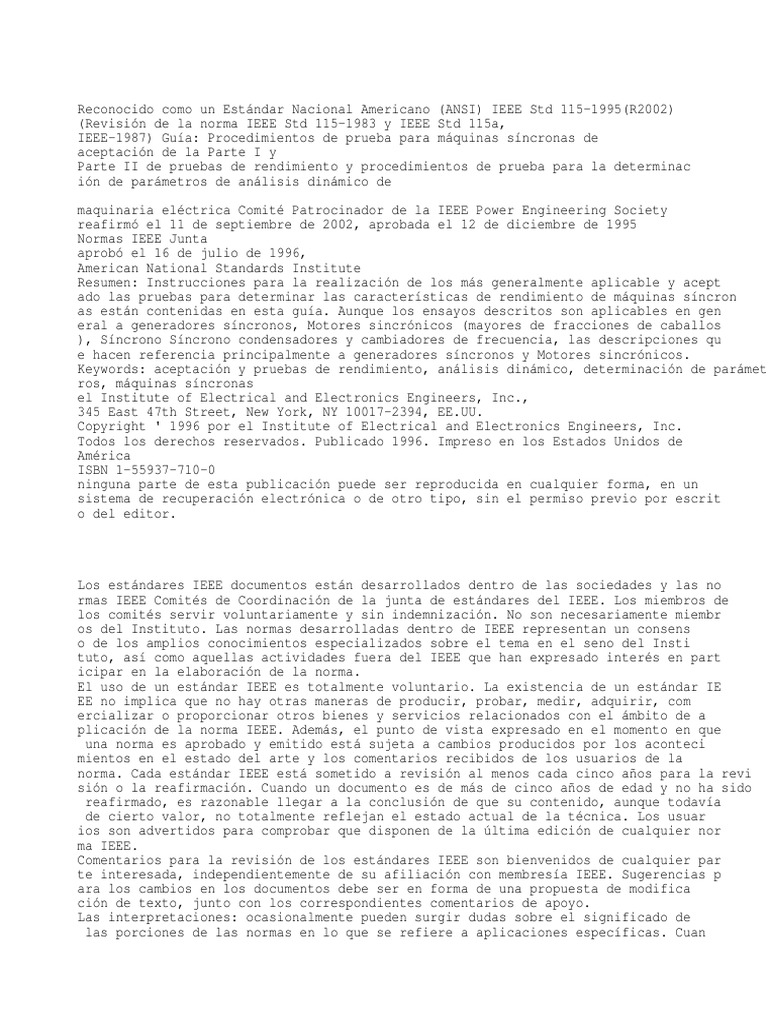 IEEE STD 115-1995 (R2002) Test Procedures For Synchronous Machines ...